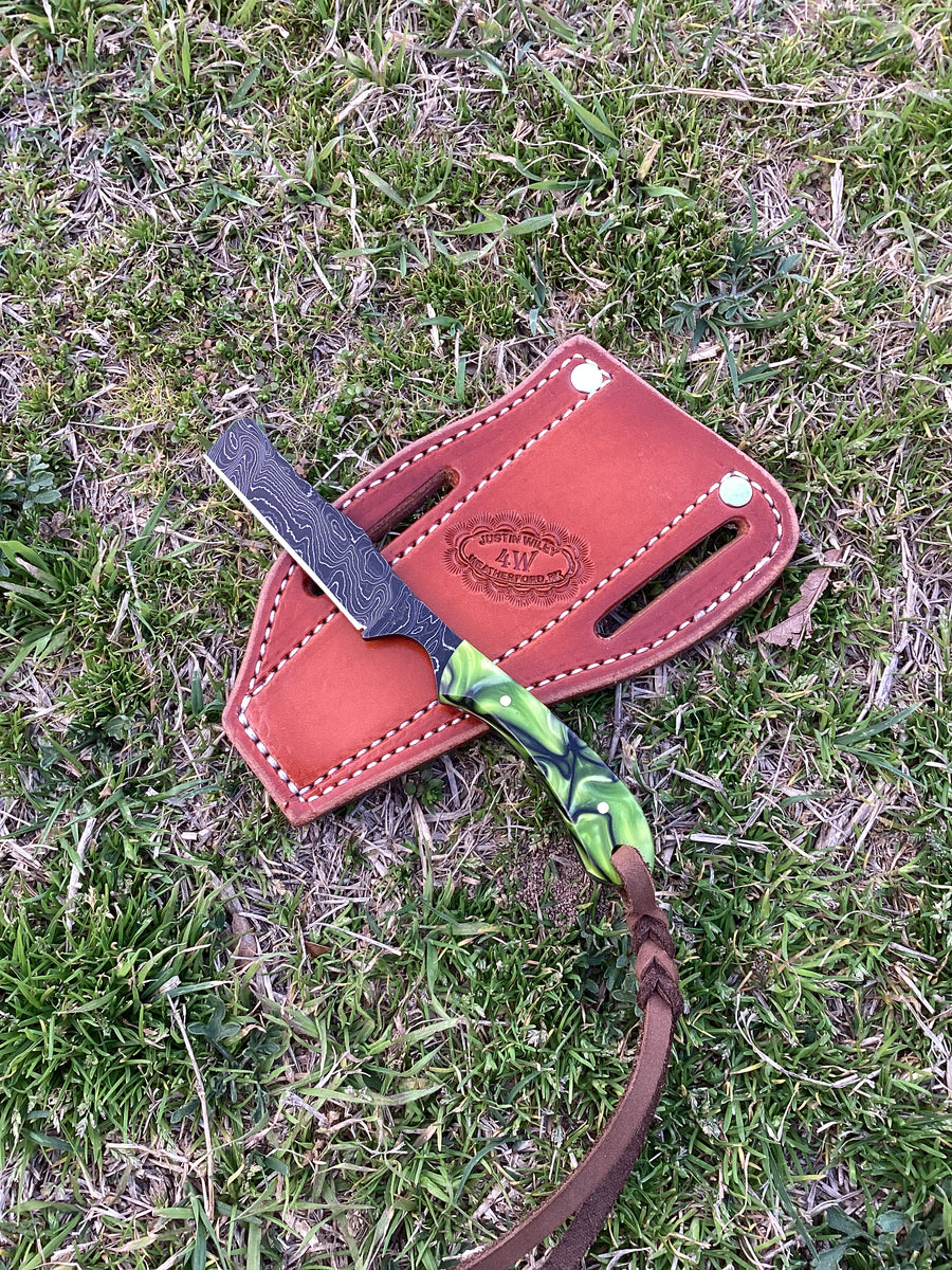 6.5” Damascus knife with kirinite handles and pancake sheath – Wiley Knives